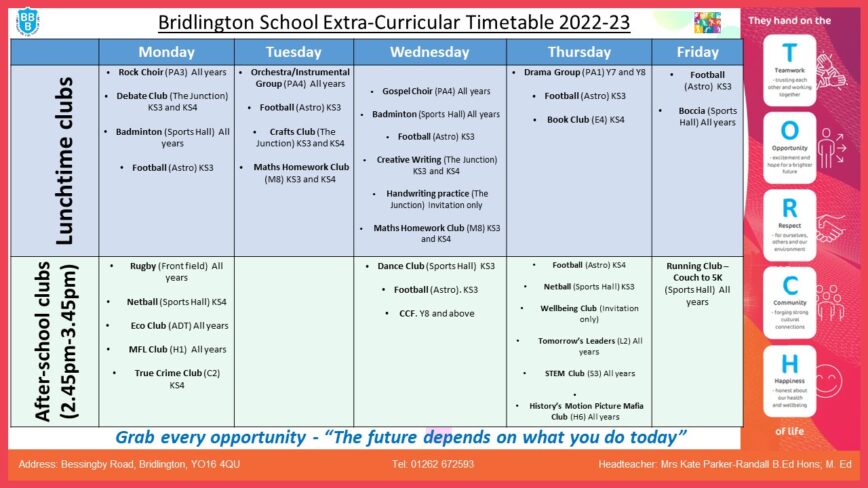 Extra-Curricular Timetable 2022-23 – Bridlington School